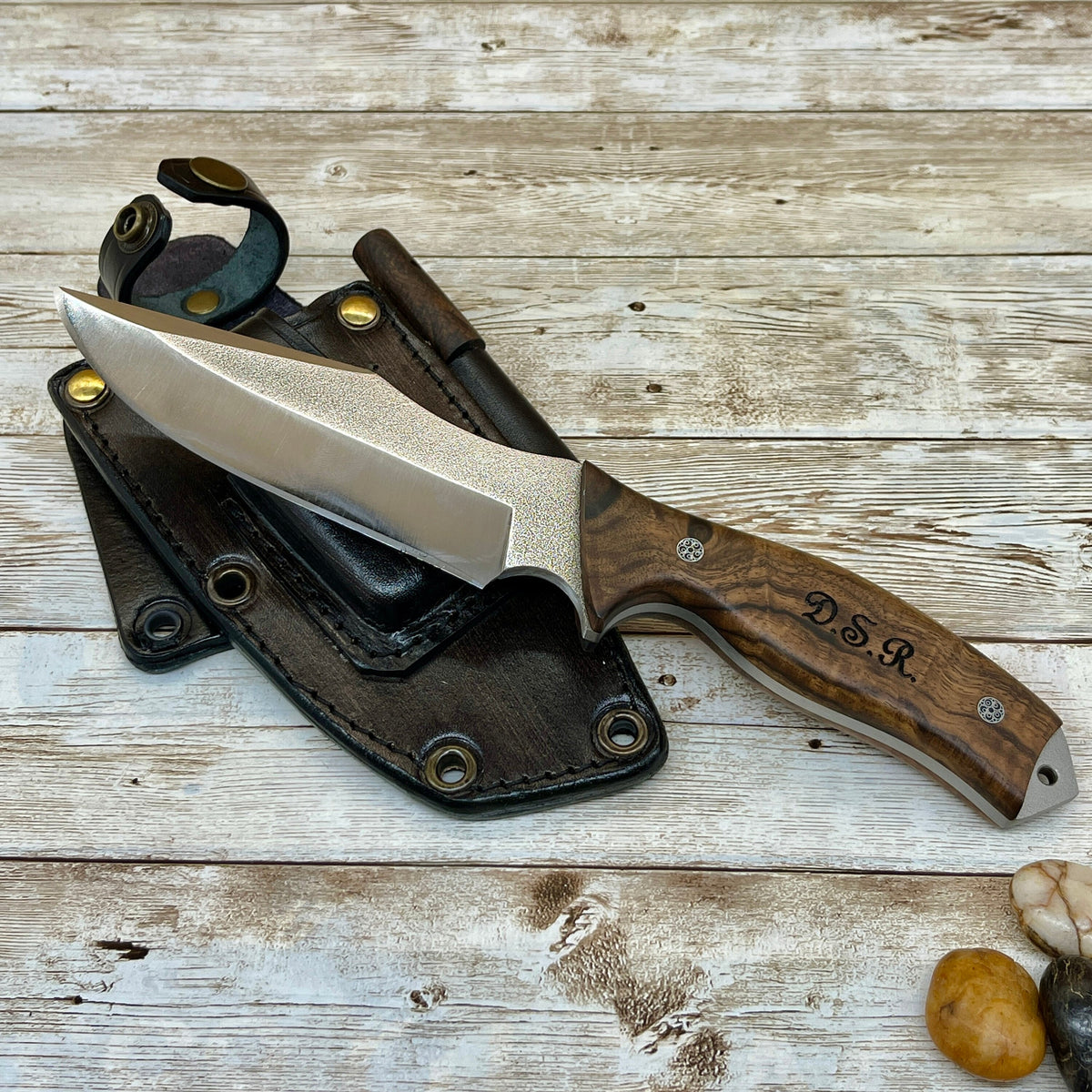 Tactical Knife with N690 Bohler Steel Walnut Handle and Leather Sheath ...